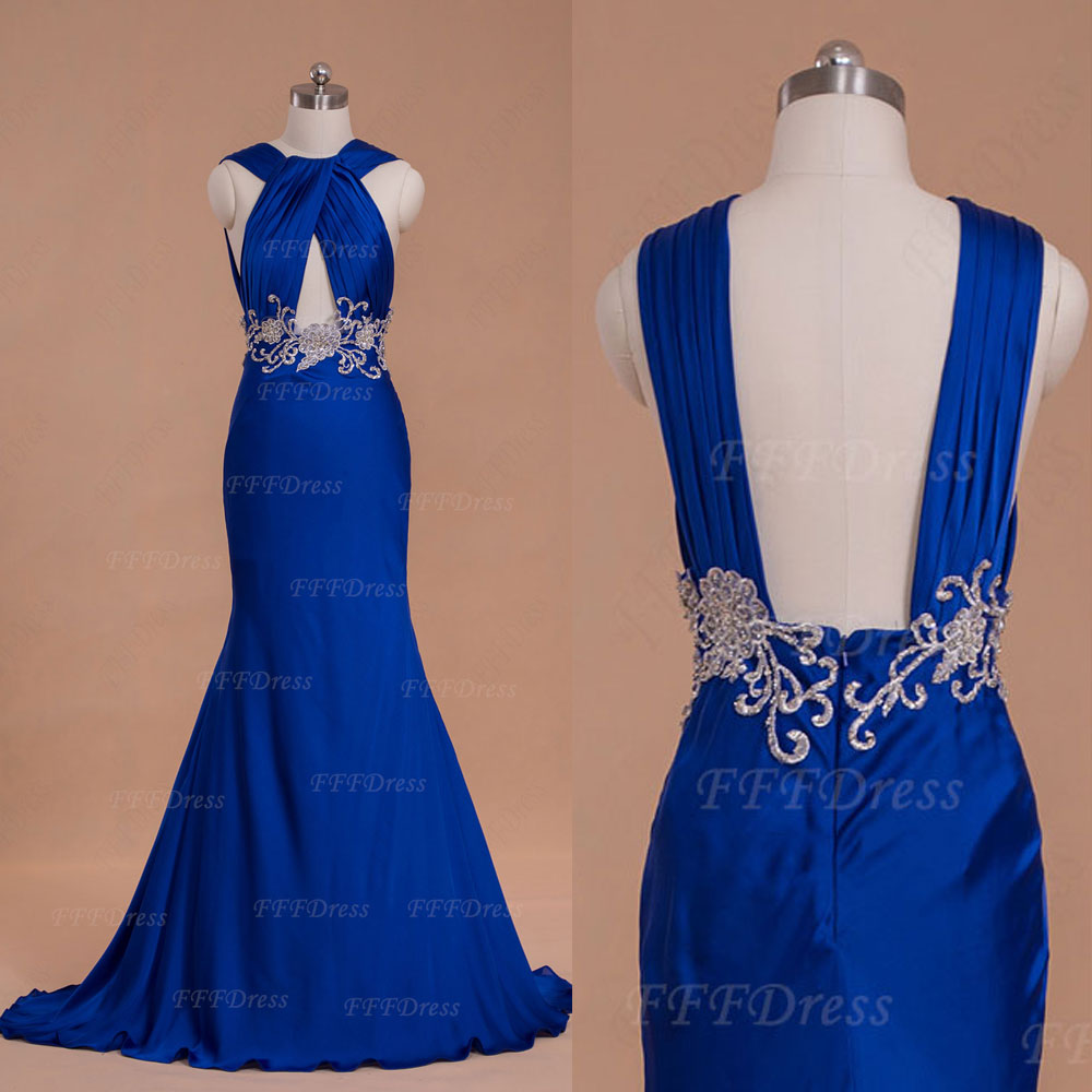 Royal Blue Mermaid Cut Out Prom Dresses Long With Embroidery on Luulla