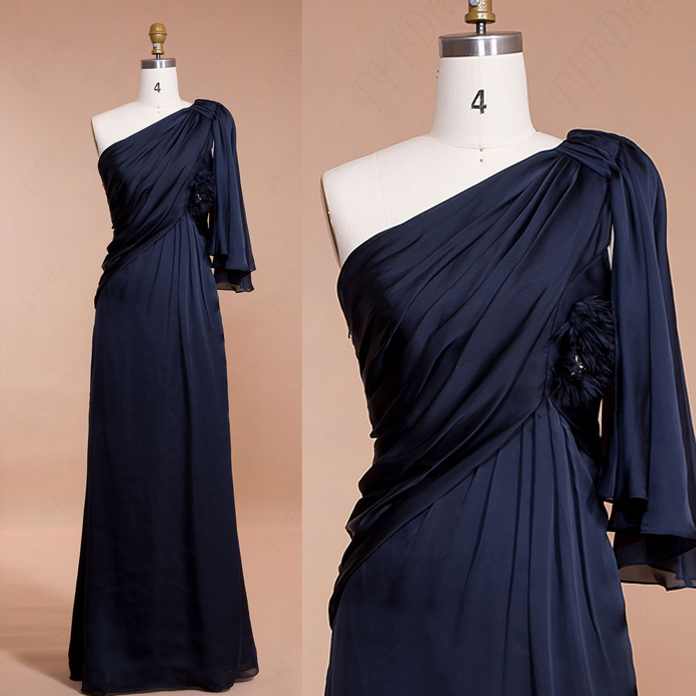 Midnight Blue Fitted Long Prom Dresses, One Shoulder Evening Dresses ...